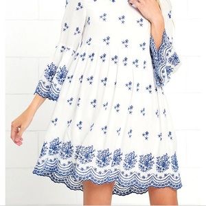 Lulus | Dresses | Embroidered Blue And White Dress | Poshmark